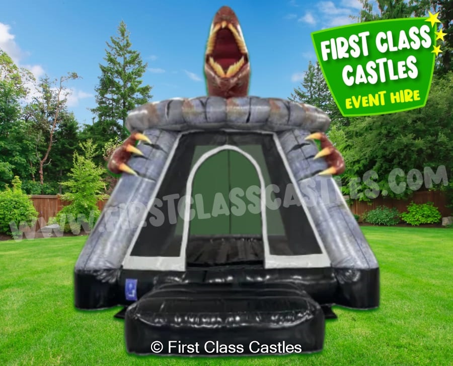 First Class Castles Dinosaur theme bouncy castle for hire in Ireland.