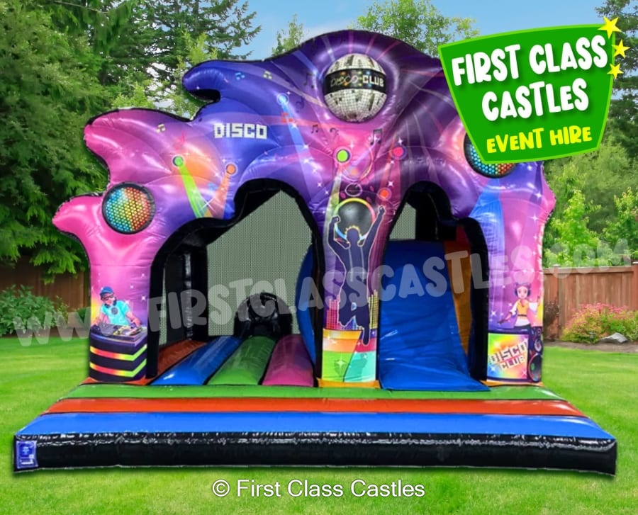 First Class Castles - Disco Music Bouncy Castle with Slide for Hire